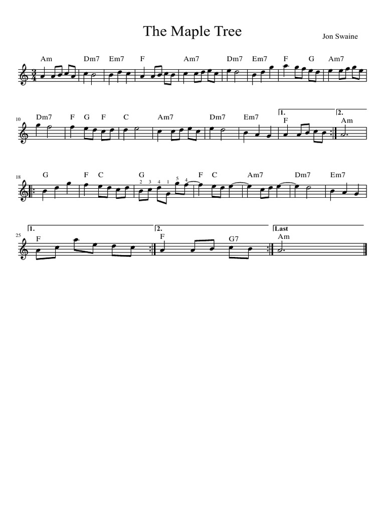 The Maple Tree: Jon Swaine Am7 G F Em7 Dm7 Am7 F Em7 Dm7 Am | PDF