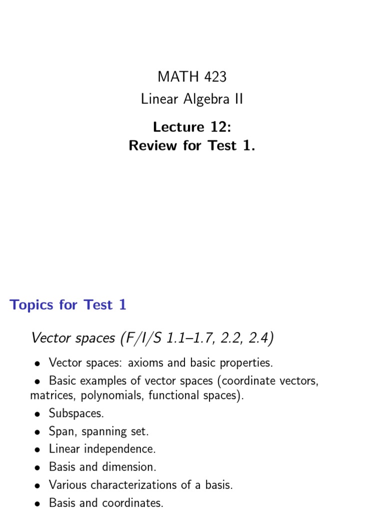MATH 423 Linear Algebra II Review For Test 1 | PDF | Linear Map ...