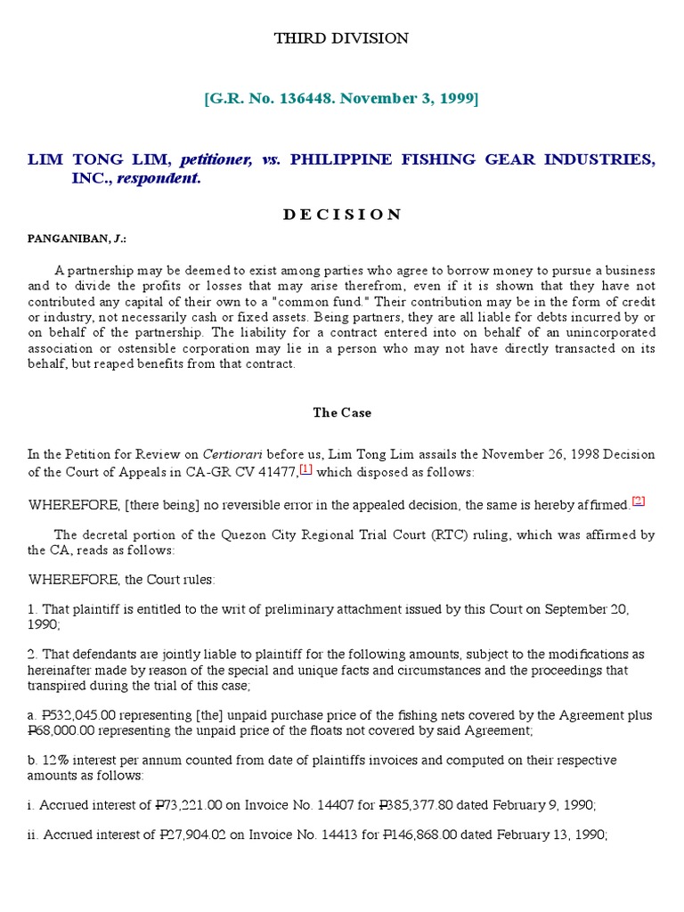 Lim Tong Lim v. Phil. Fishing Gear (GR 136448, 3 November 1999) | PDF | Law Of Agency | Partnership