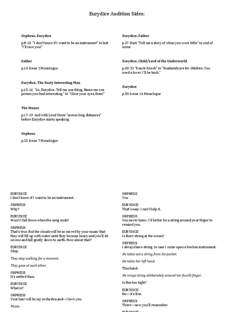 Eurydice Audition Sides:: Orpheus, Eurydice Eurydice, Father | PDF ...