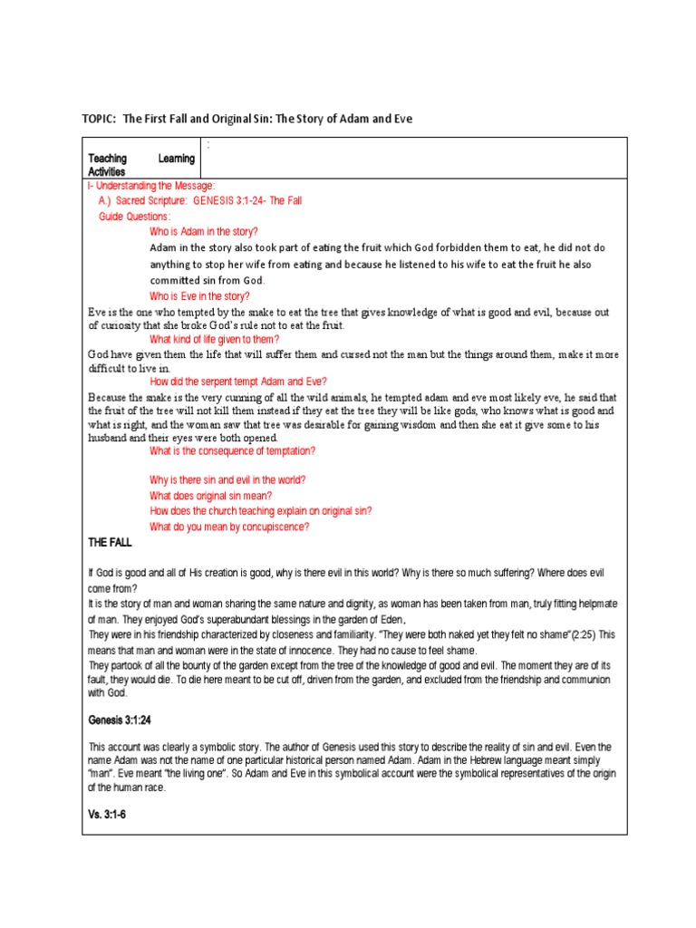 TOPIC: The First Fall and Original Sin: The Story of Adam and Eve | PDF ...