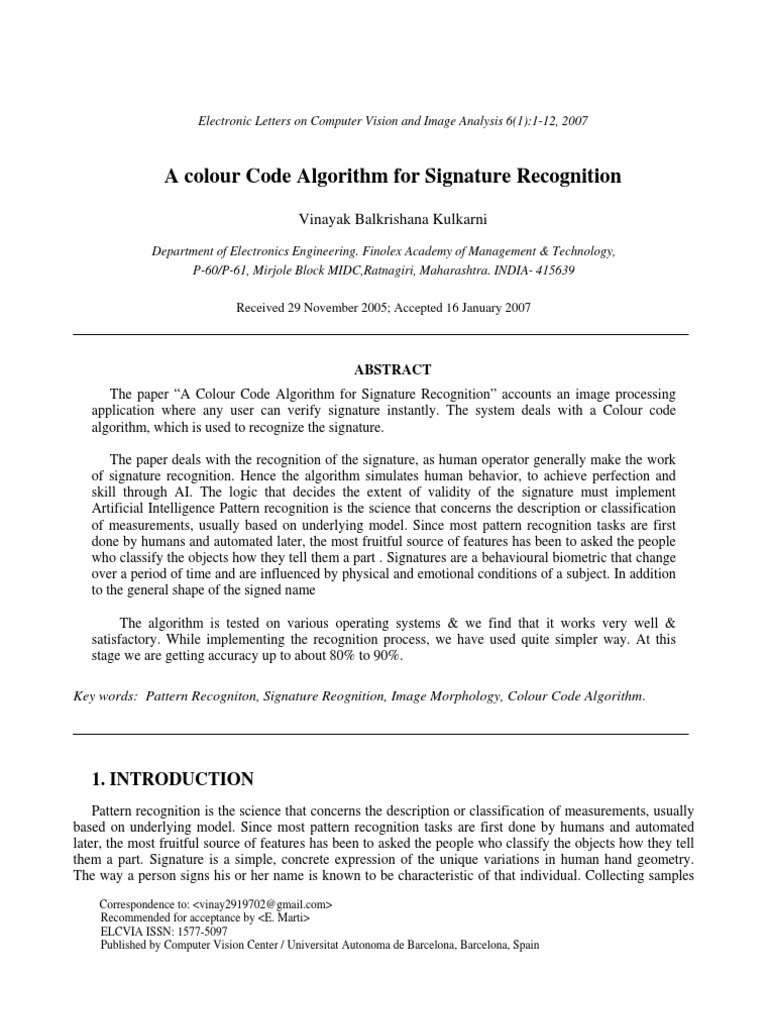 A Colour Code Algorithm For Signature Recognition Pdf Biometrics Authentication