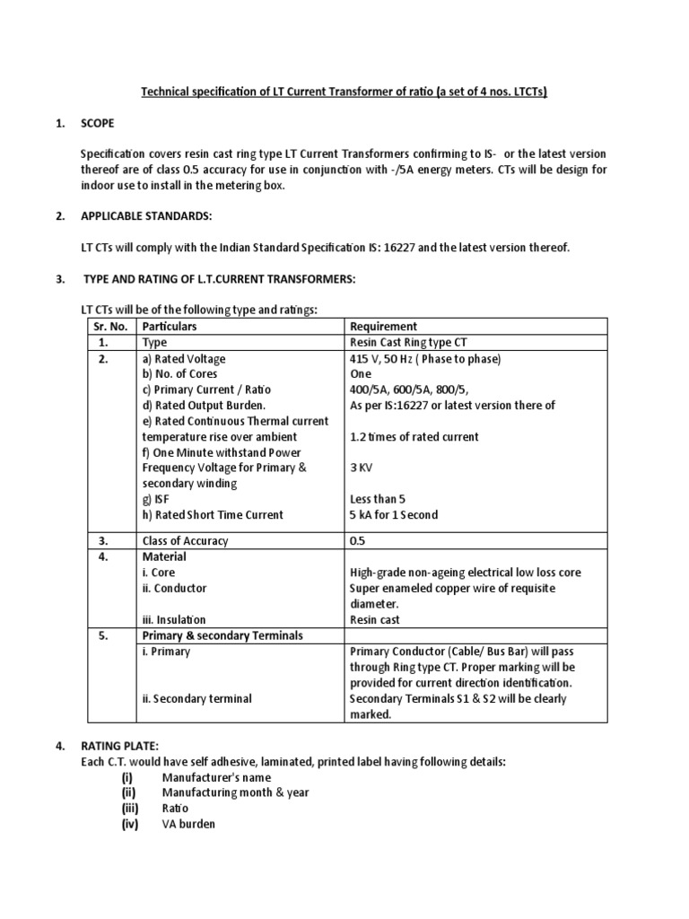 Technical Specification of LT Current Transformer | PDF | Transformer ...