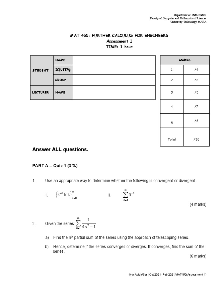 Answer ALL Questions.: Mat 455: Further Calculus For Engineers Assessment 1 TIME: 1 Hour | PDF ...