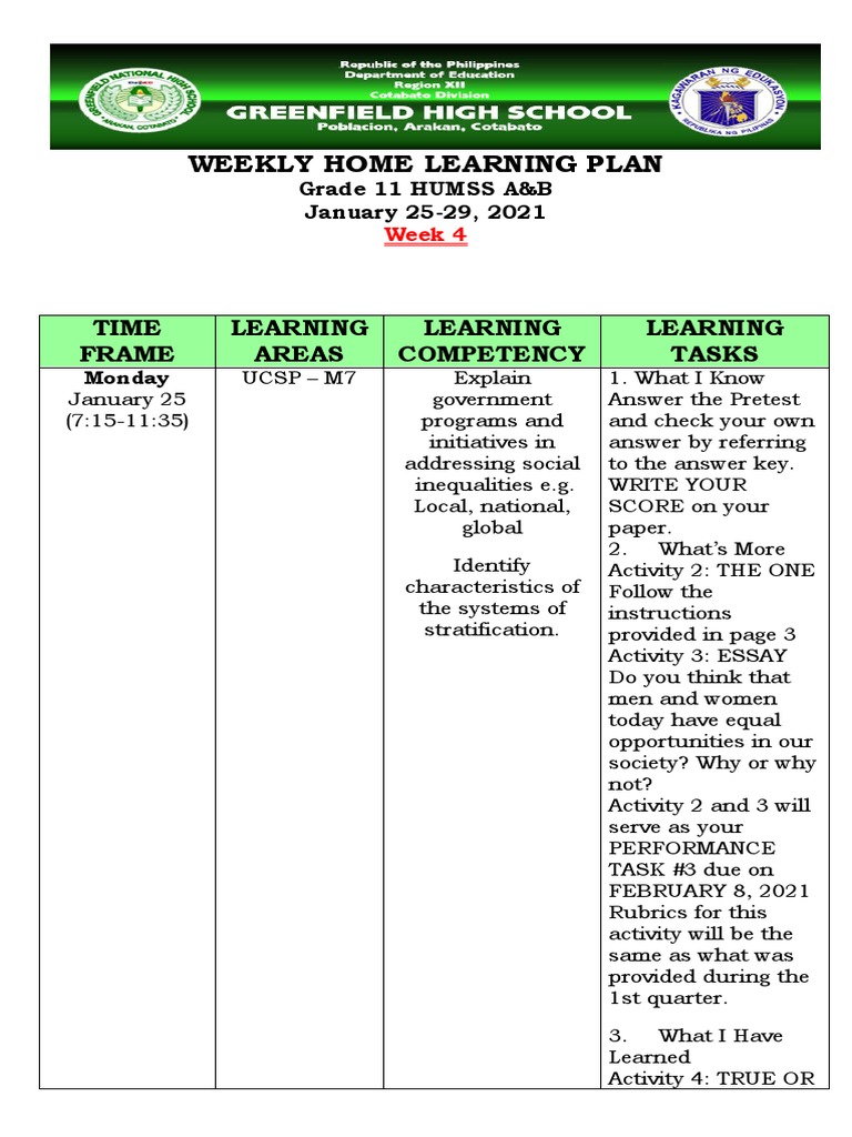Weekly Home Learning Plan: Time Frame Learning Areas Learning ...