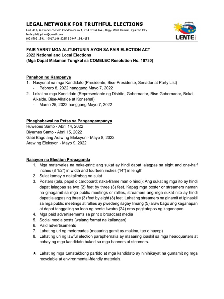 Mga Alituntunin Ayon Sa Fair Election Act para Sa 2022 National and ...