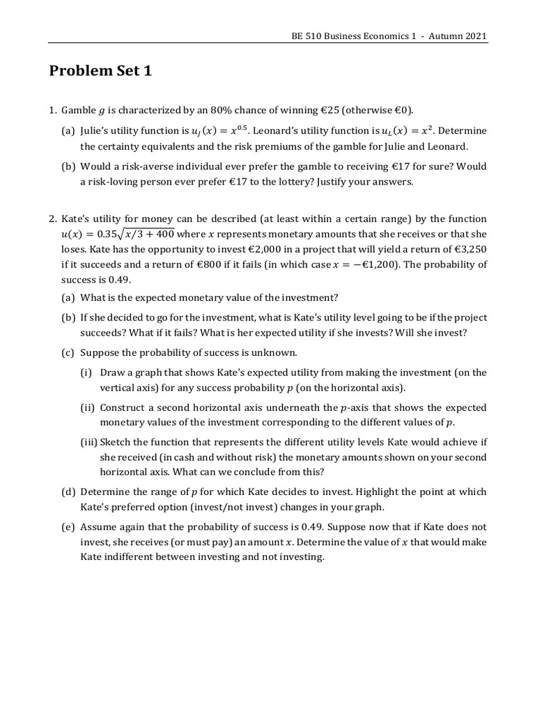 Business Economics Problem Set Solutions | PDF | Risk Aversion | Risk ...