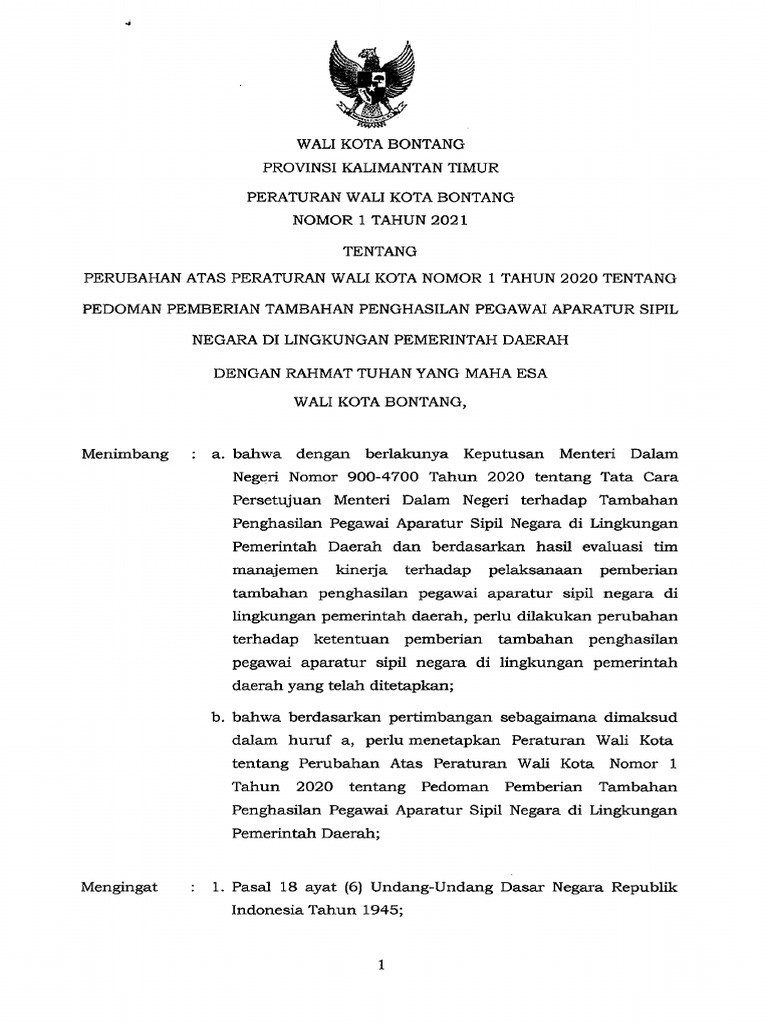 Perwali Nomor 1 Tahun 2021 TPP | PDF