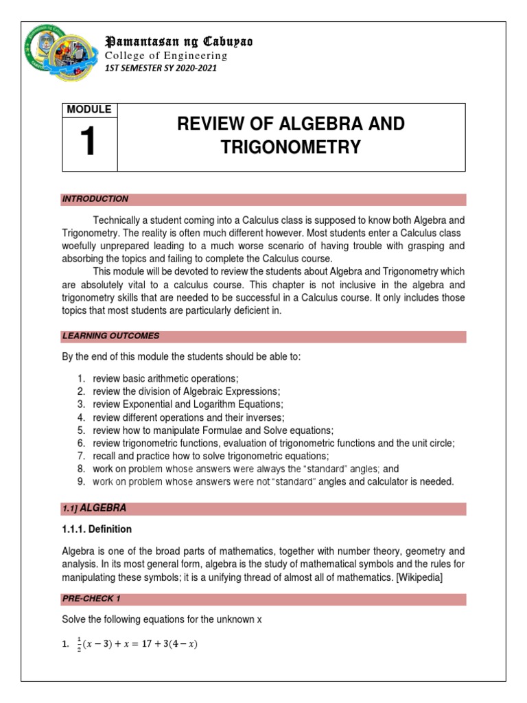 Review of Algebra and Trigonometry: Pamantasan NG Cabuyao | PDF ...