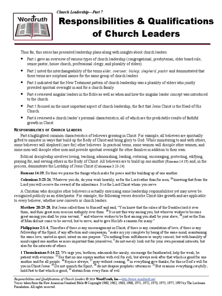 Responsibilities and Qualifications of Church Leaders | PDF | Elder ...