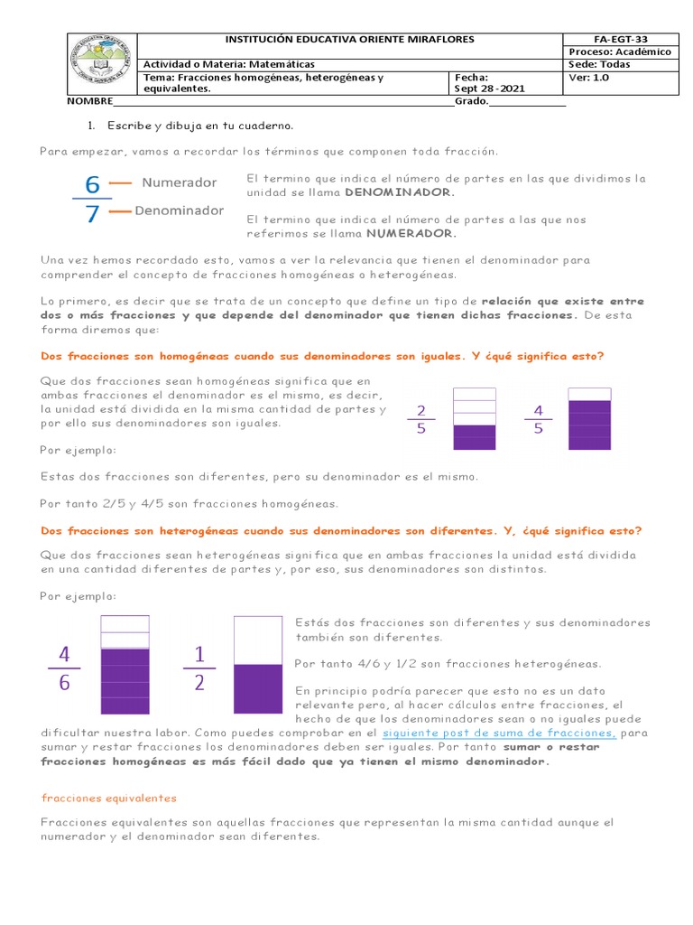 Fracciones homogéneas, heterogéneas y equivalentes (Matemáticas | PDF ...