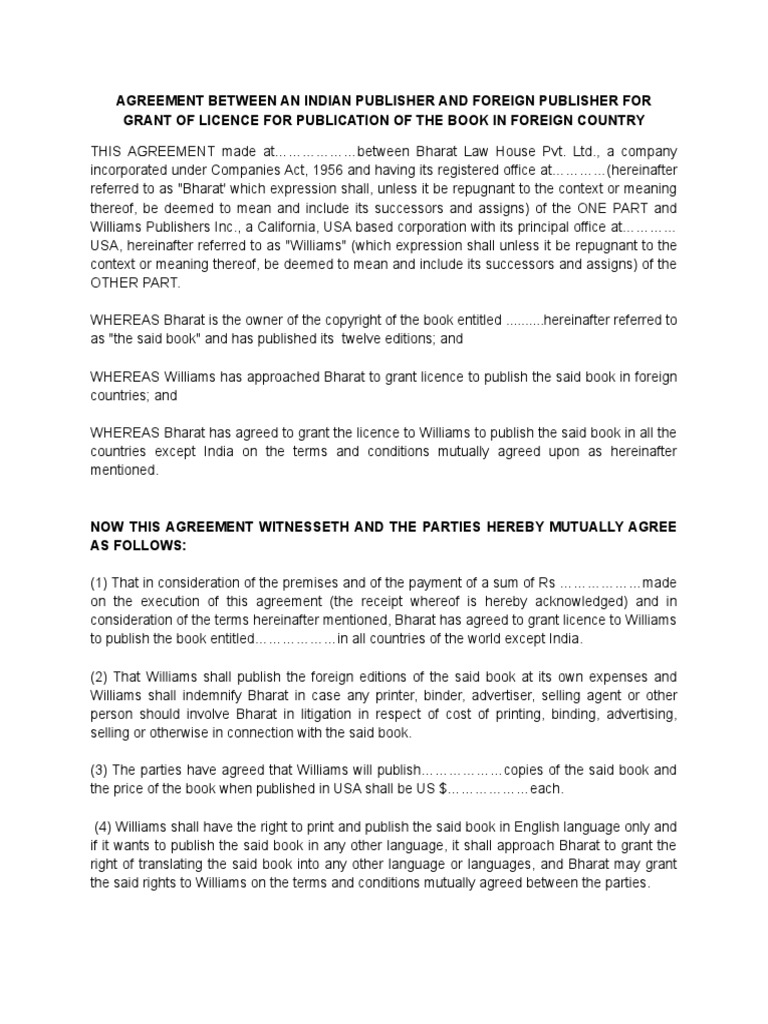 International Publishing Agreement Grant Of License By Indian