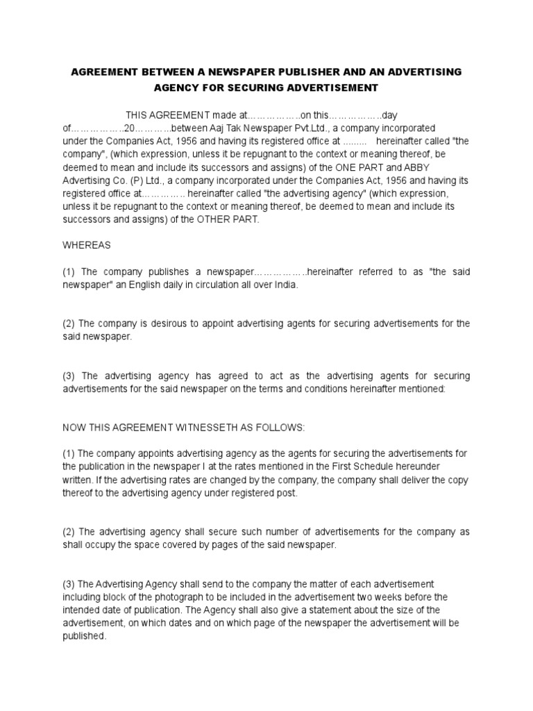 Advertising Agreement with Aaj Tak | PDF | Indemnity | Newspapers
