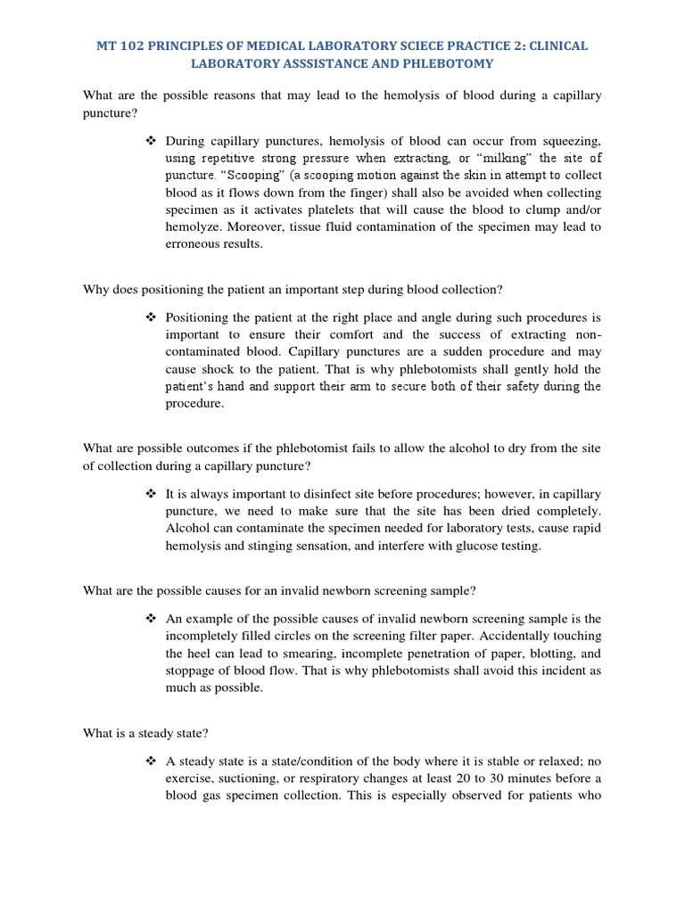 MT 102 Principles of Medical Laboratory Sciece Practice 2: Clinical ...
