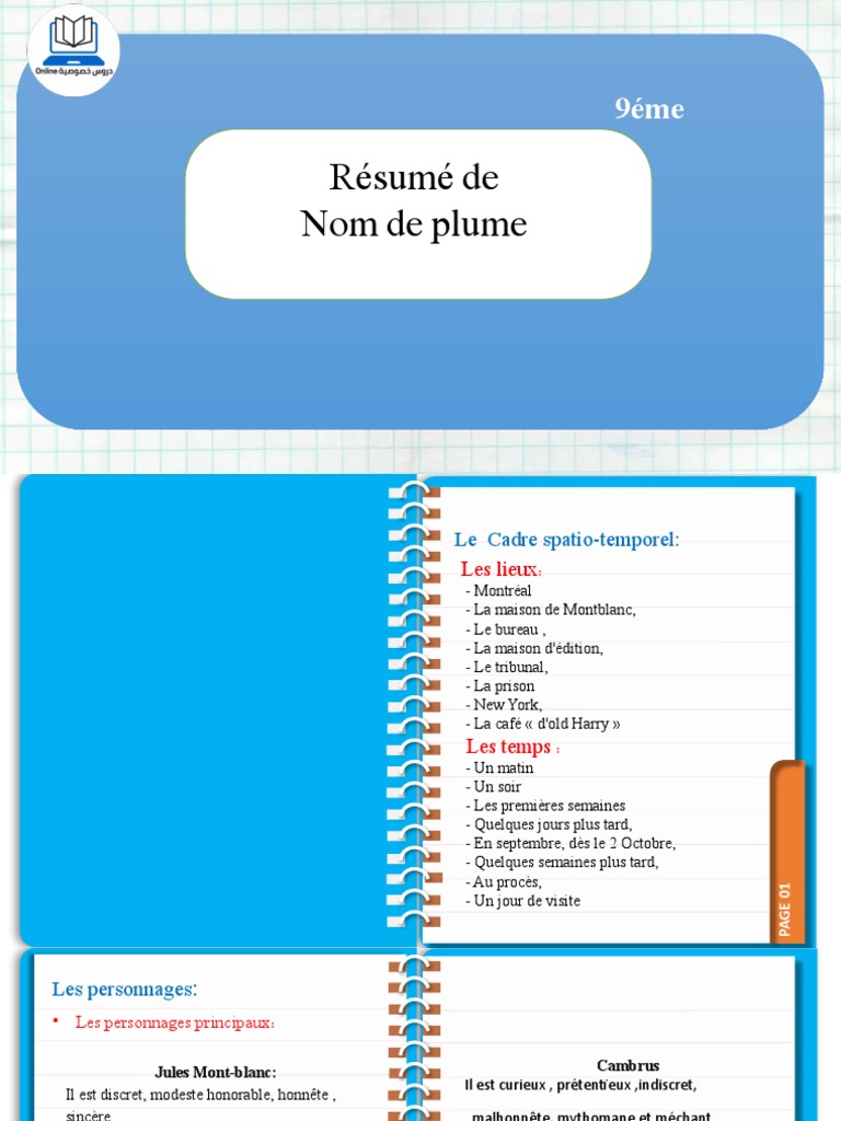 Résumé de "Nom de Plume" 9ème année | PDF