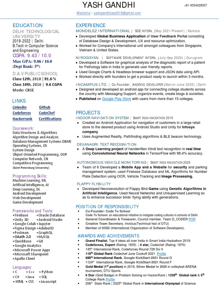 Resume Yash Gandhi Delhi Technological University | PDF | Artificial Intelligence | Intelligence ...