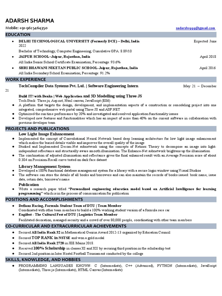 Adarsh Sharma's Resume: An Impressive Profile of an Ambitious Computer Engineering Student with ...