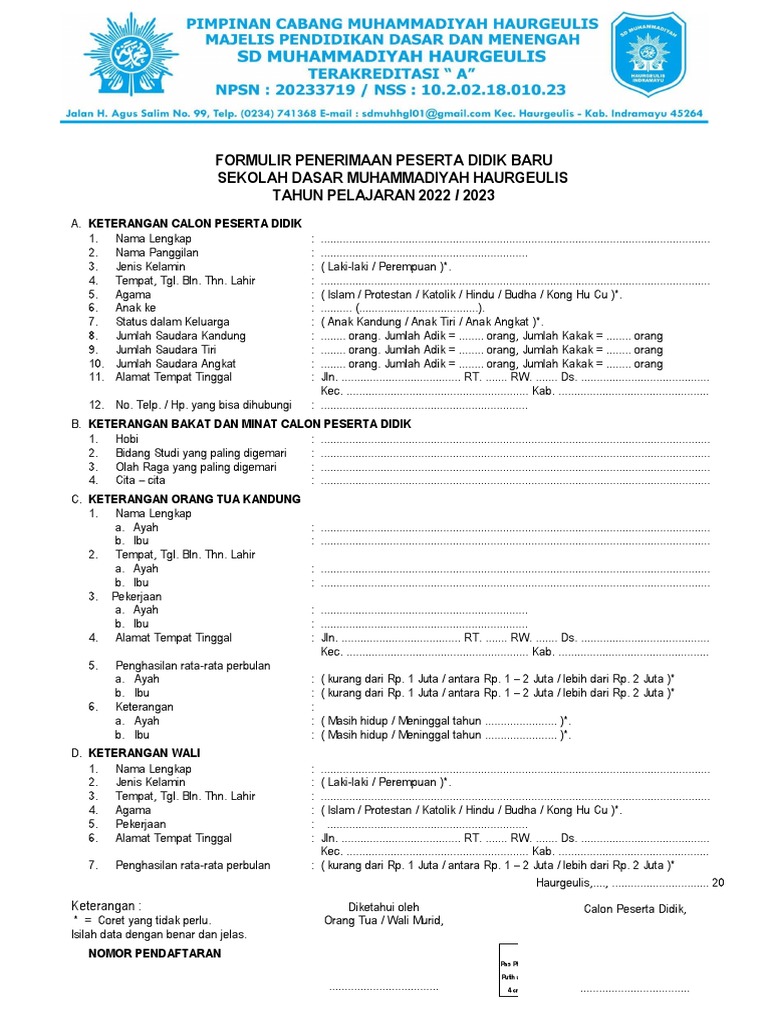 Formulir Pendaftaran Siswa Baru SD | PDF | Griya & Taman