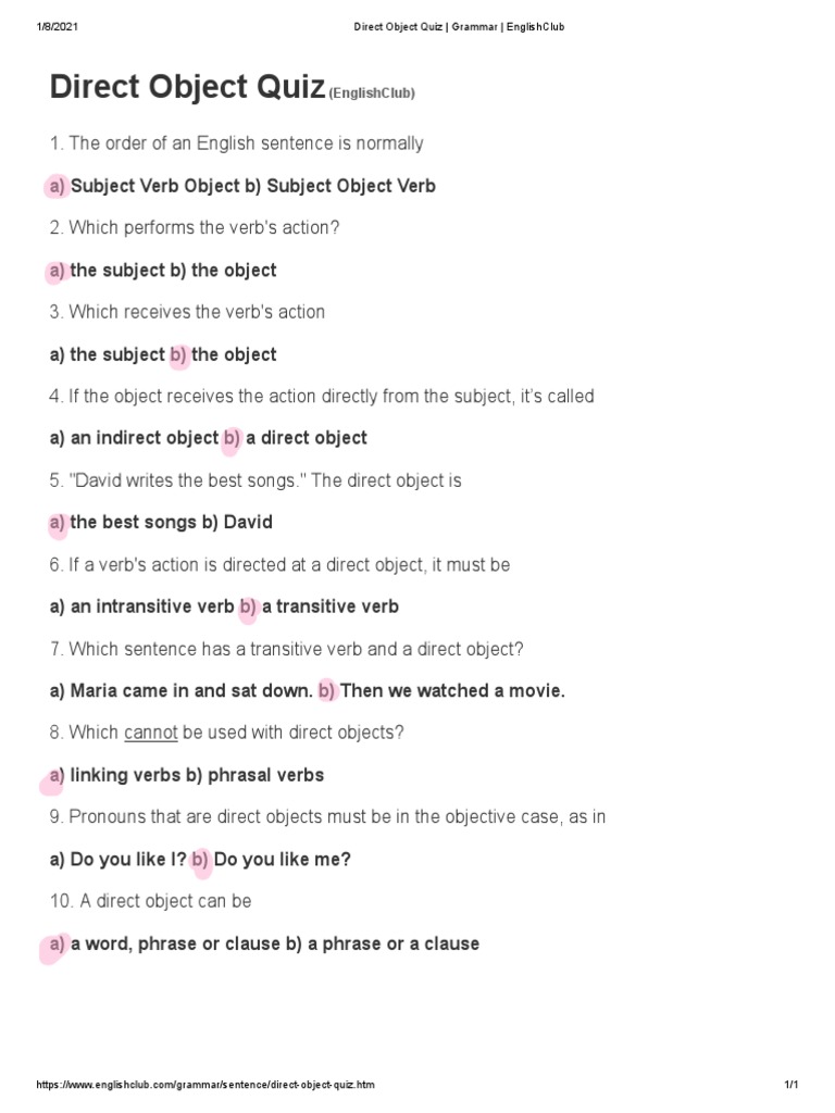 Direct Object Quiz - Grammar - EnglishClub | PDF | Language Arts ...