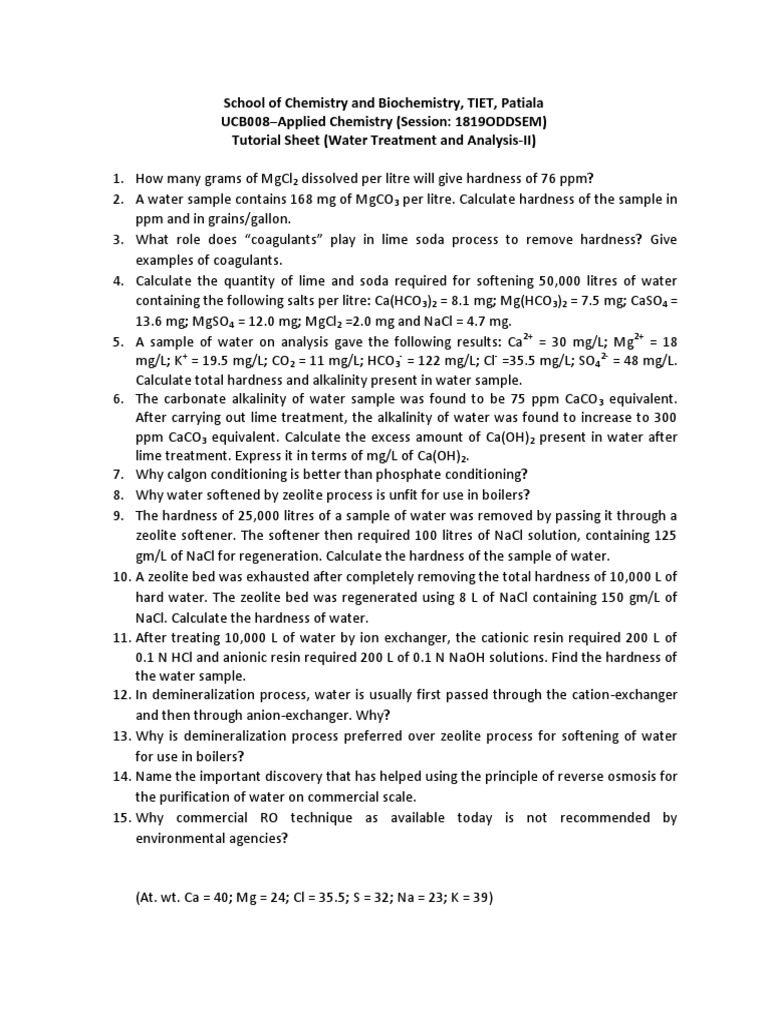 9.2 Water - Tutorial Sheet - 2 | PDF | Ion Exchange | Chemical Compounds