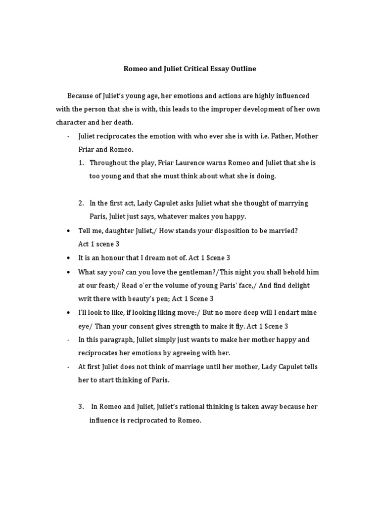 Romeo and Juliet Critical Essay Outline | Download Free PDF ...