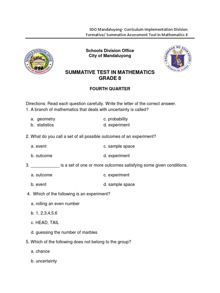 Summative Test Fourth Grading | PDF | Probability | Science