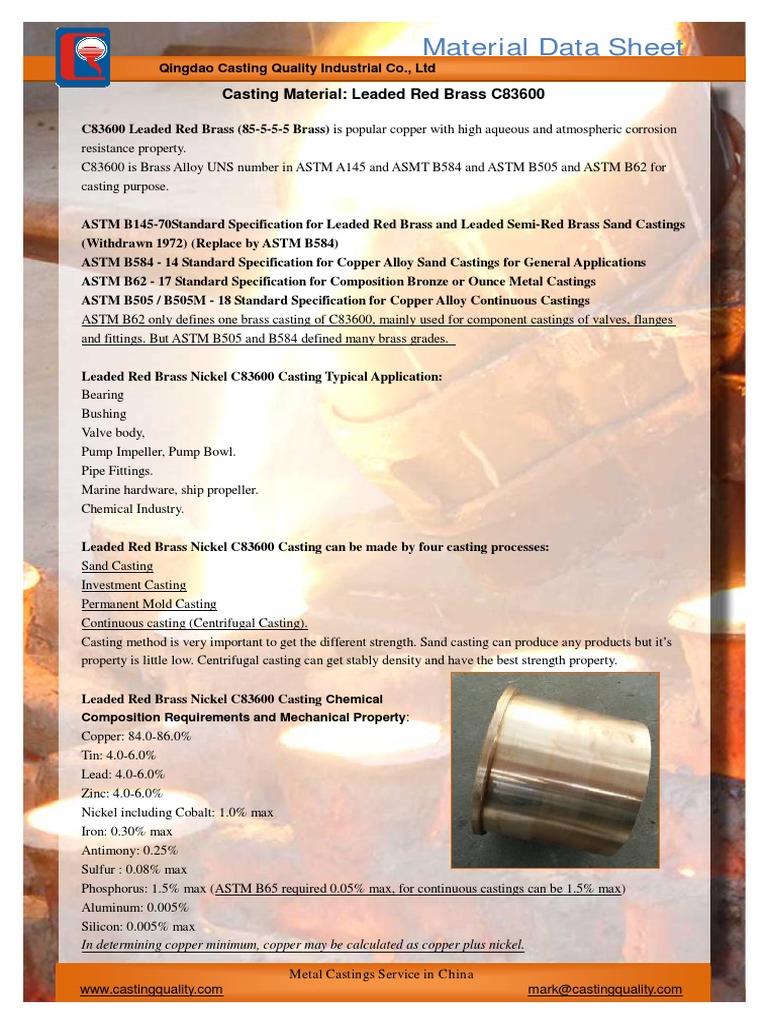 Material Data Sheet: Casting Material: Leaded Red Brass C83600 | PDF ...