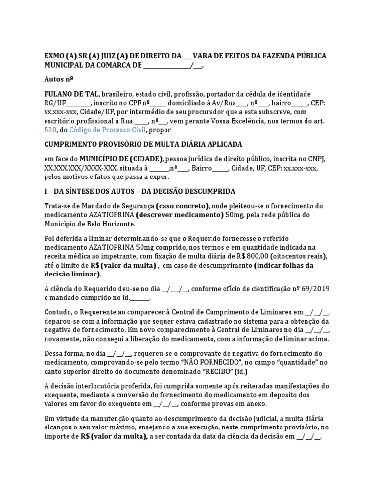 Modelo Peticao de Cumprimento Provisorio de Multa Cominatoria ...