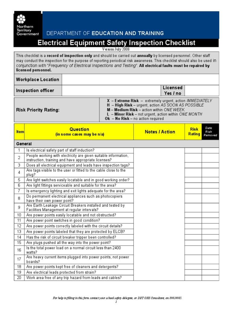 Annual Electrical Safety Checklist | PDF | Ac Power Plugs And Sockets ...