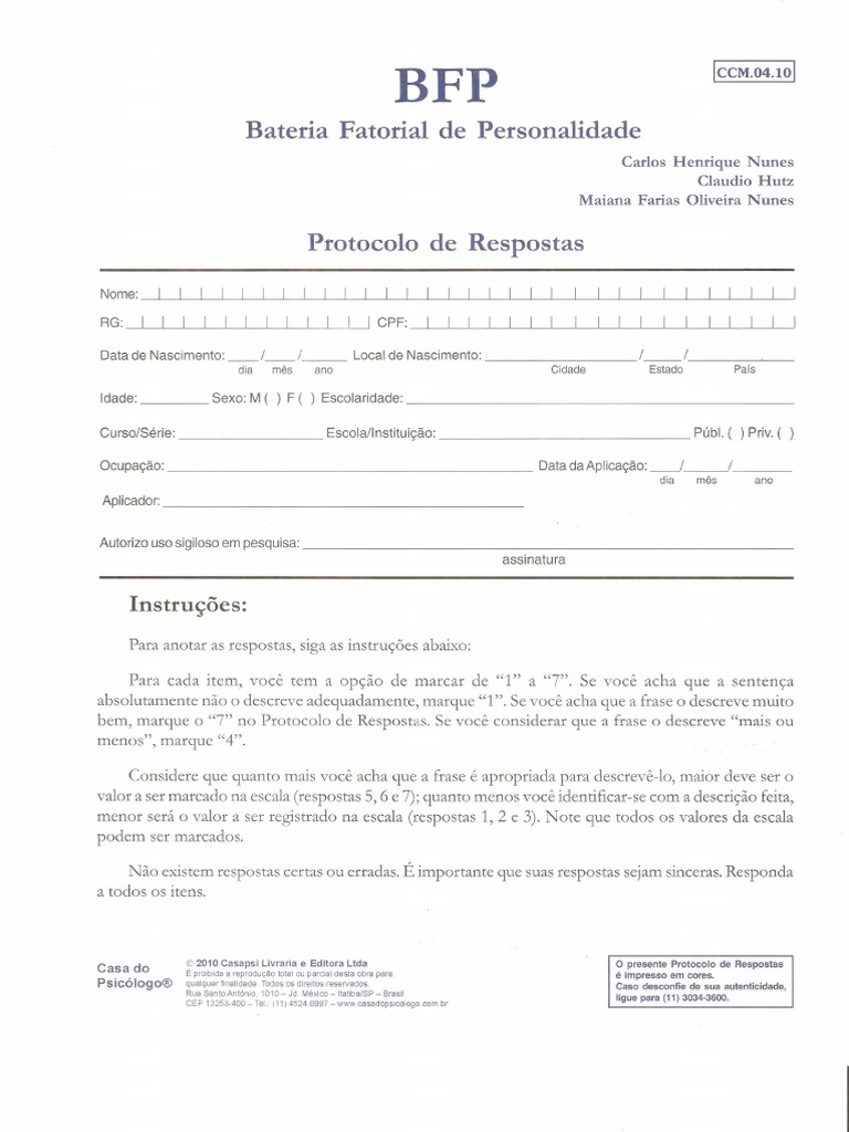 Protocolo de Respostas BFP | PDF