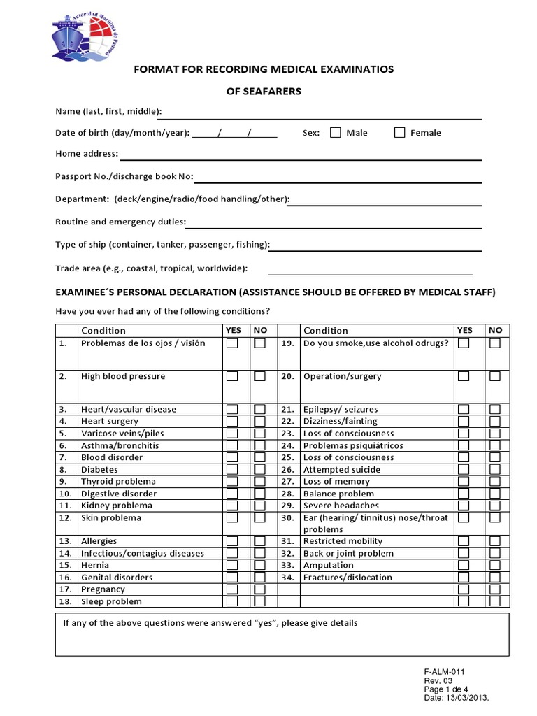 Format For Recording Medical Examinatios of Seafarers | PDF | Blood ...