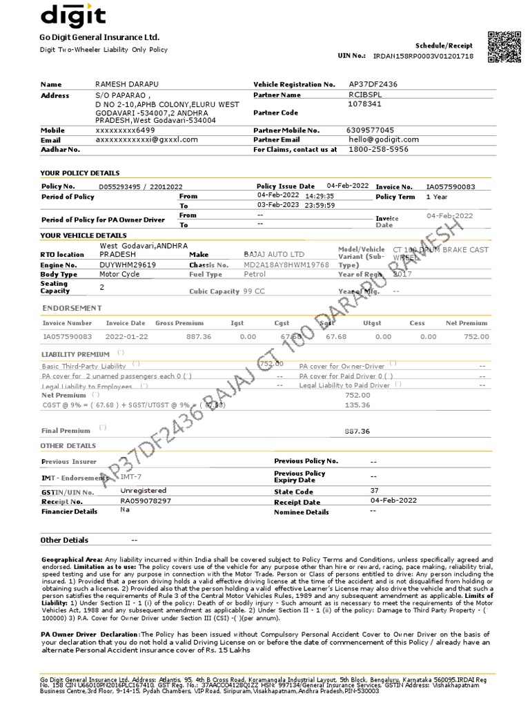 Go Digit General Insurance LTD.: IRDAN158RP0003V01201718 | PDF ...