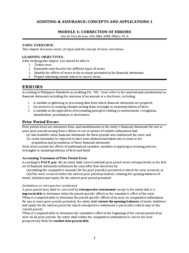 Module 1 Correction of Errors | PDF | Debits And Credits | Balance Sheet