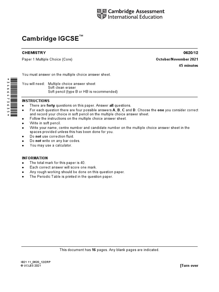 Cambridge IGCSE: Chemistry 0620/12 | PDF | Oxide | Acid