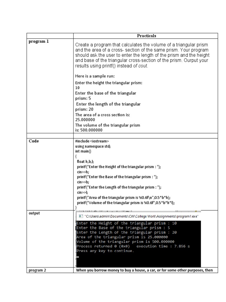 Practicals Program 1: Enter The Base of The Triangular Prism: 5 Enter The Length of The ...
