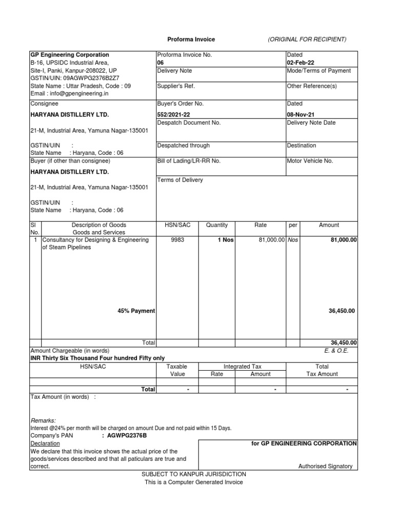 Proforma Invoice-HDL | PDF | Invoice | Taxes