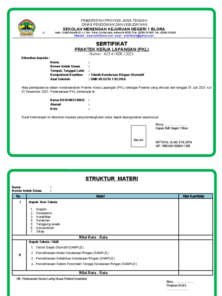 Sertifikat Praktek Kerja Lapangan (PKL) Siswa SMK Negeri 1 Blora | PDF