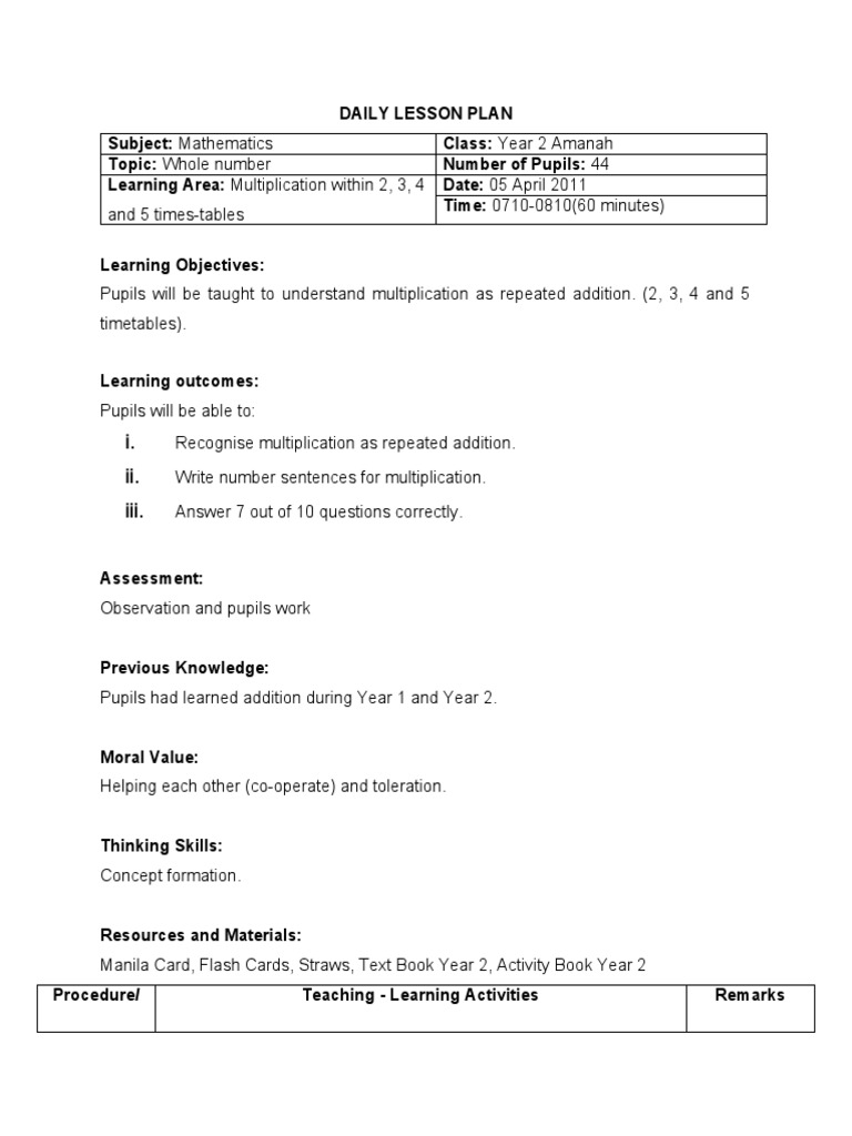 Mathematics Year 2 Lesson Plan Multiplication | PDF | Lesson Plan ...