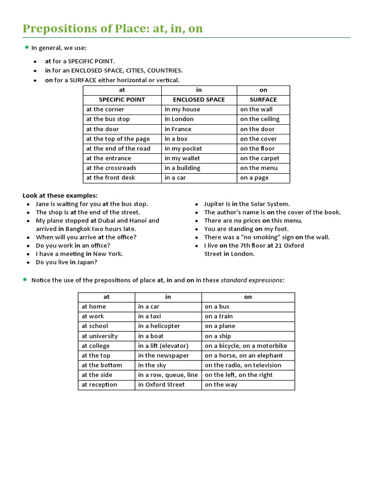Prepositions of Place & Time-At-In-On | PDF | Workweek And Weekend