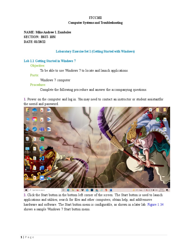 Laboratory Exercise Set 1 (Getting Started With Windows) Lab 1.1 Getting Started in Windows 7 ...