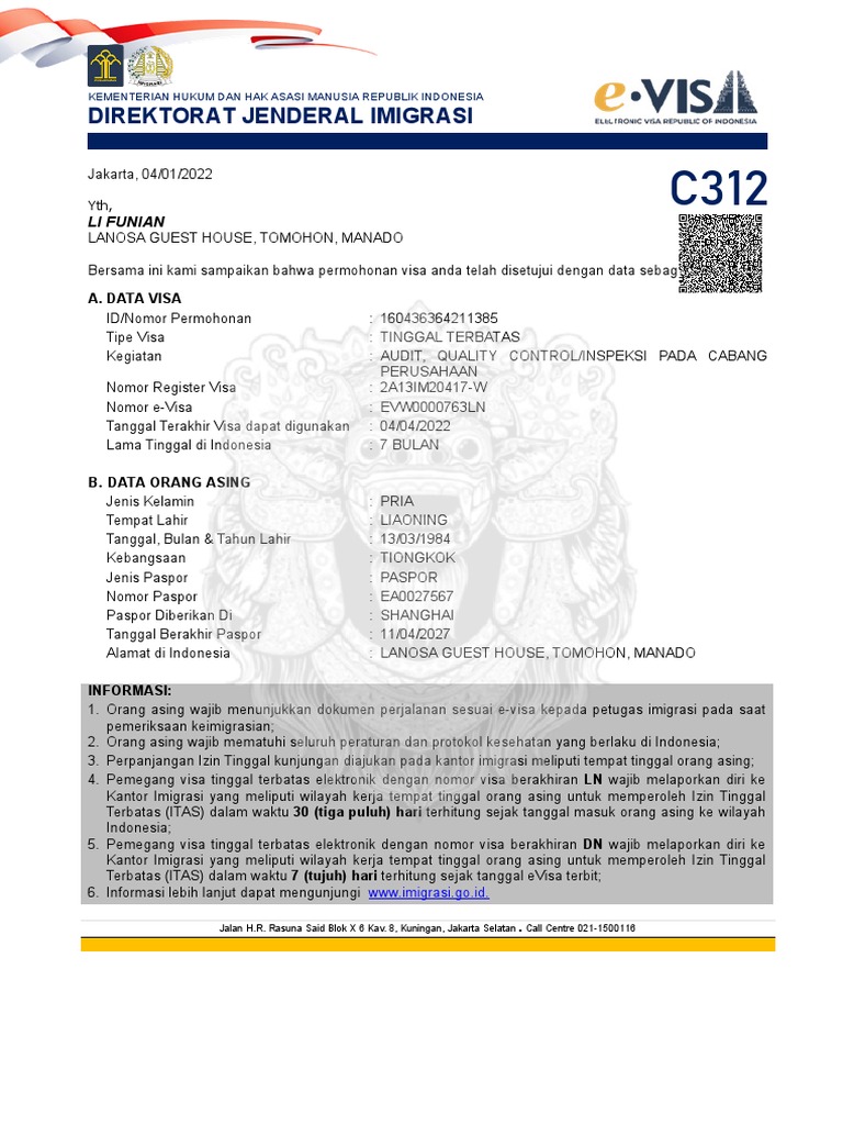 Persetujuan e-Visa C312 Indonesia | PDF | Pengelolaan Keuangan & Uang