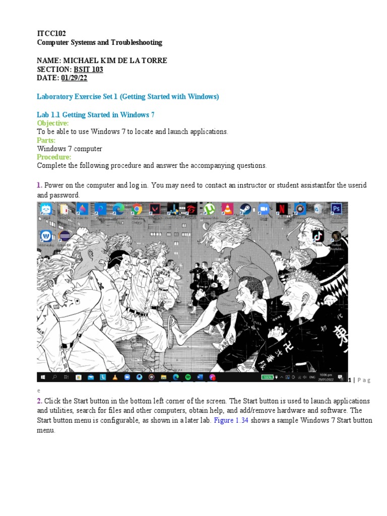 Laboratory Exercise Set 1 (Getting Started With Windows) Lab 1.1 Getting Started in Windows 7 ...