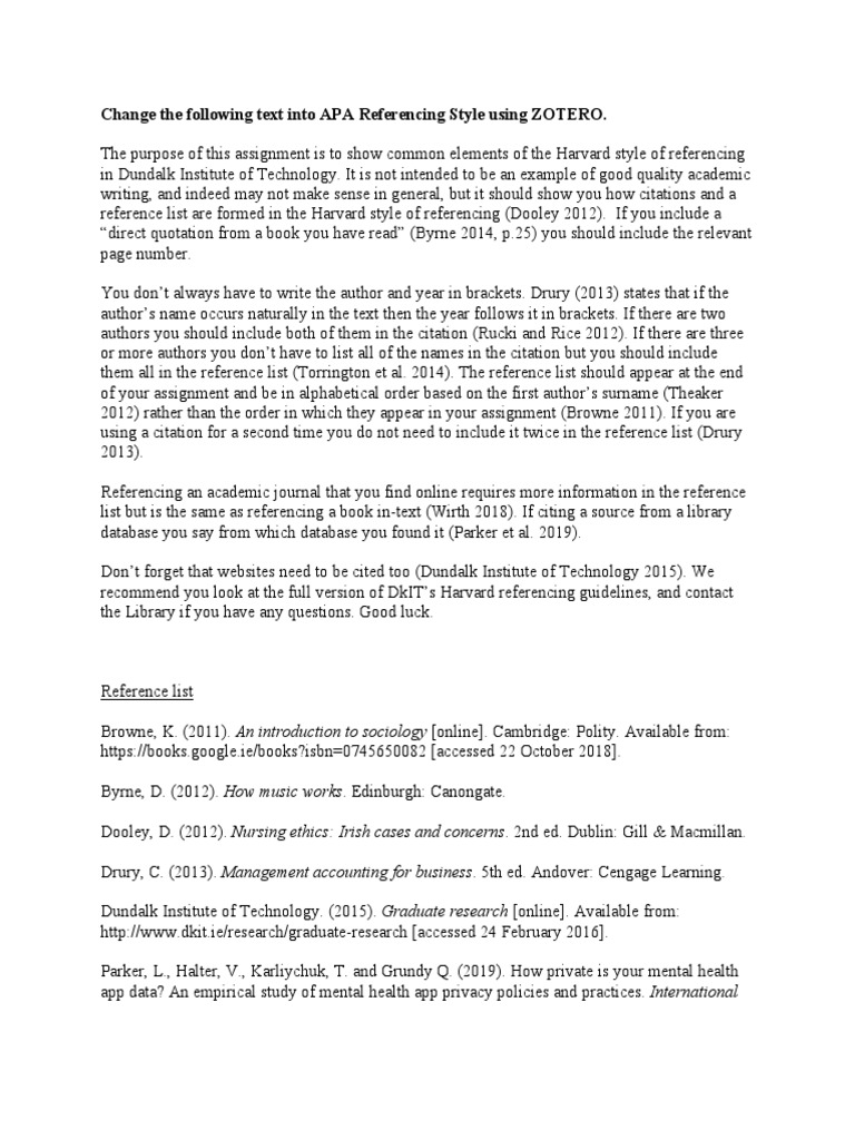Change The Following Text Into APA Referencing Style Using ZOTERO ...