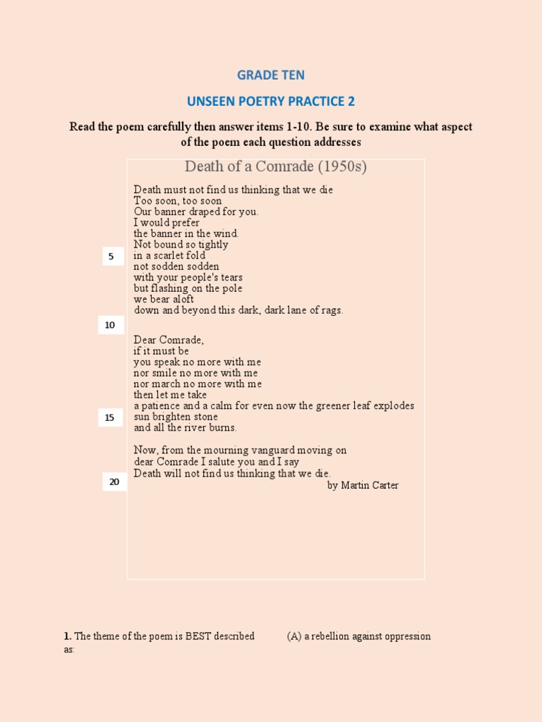 Death of A Comrade (1950s) : Unseen Poetry Practice 2 | PDF