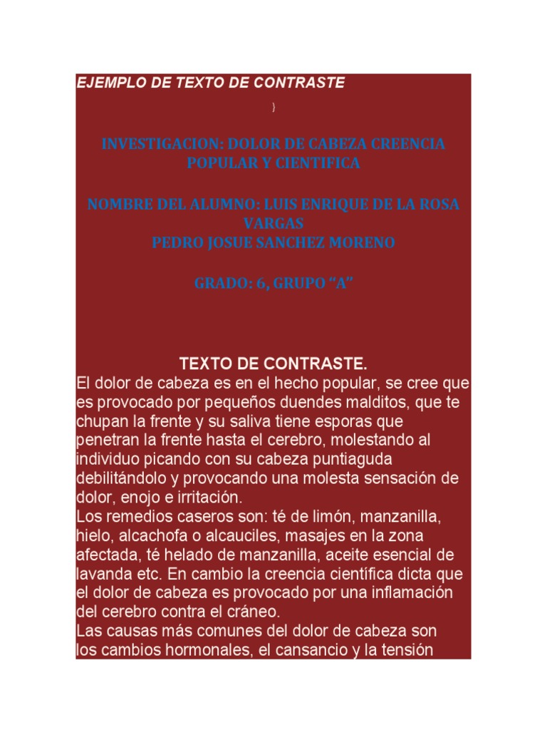 Dolor de Cabeza Texto de Contraste Ejemplo | Descargar gratis PDF ...