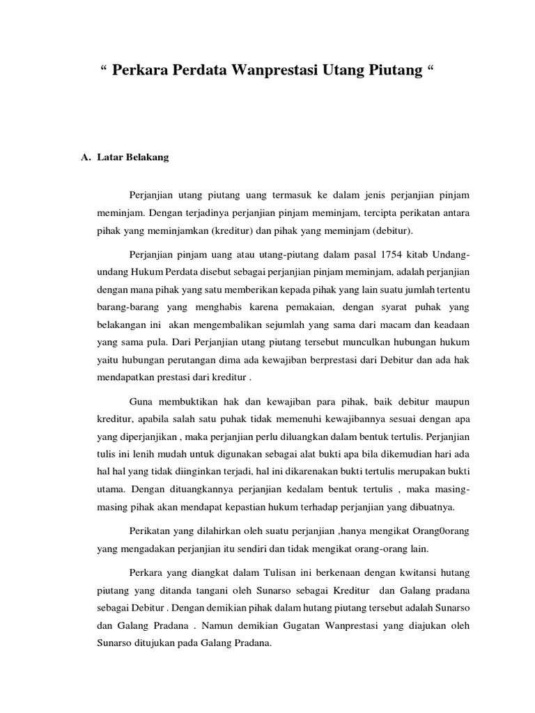 Analisis Putusan Perkara Perdata Wanprestasi Utang Piutang Di ...
