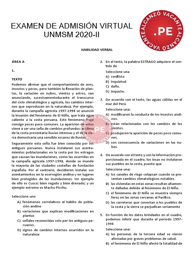 Examen Virtual Unmsm 2020 Ii Descargar Gratis Pdf Virus Pensamiento 