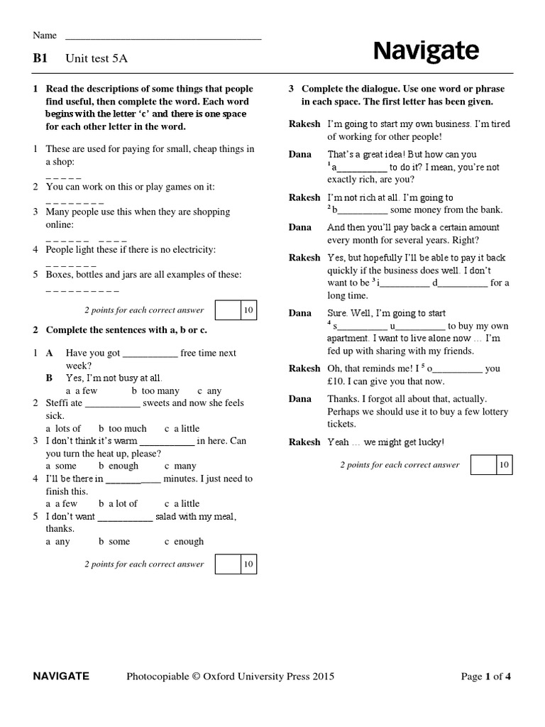 Unit Test 5A: Photocopiable © Oxford University Press 2015 Page 1 of 4 ...