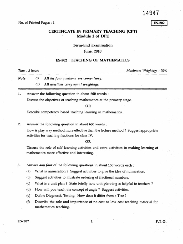 Certificate in Primary Teaching (CPT) Module 1 of DPE Term-End Examination June, 2010 Es-202 ...