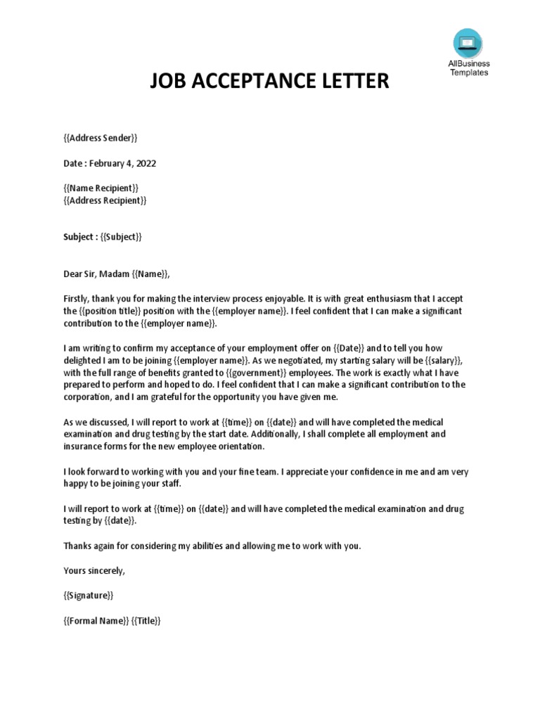 Job Acceptance Letter Employee | PDF | Employment | Salary